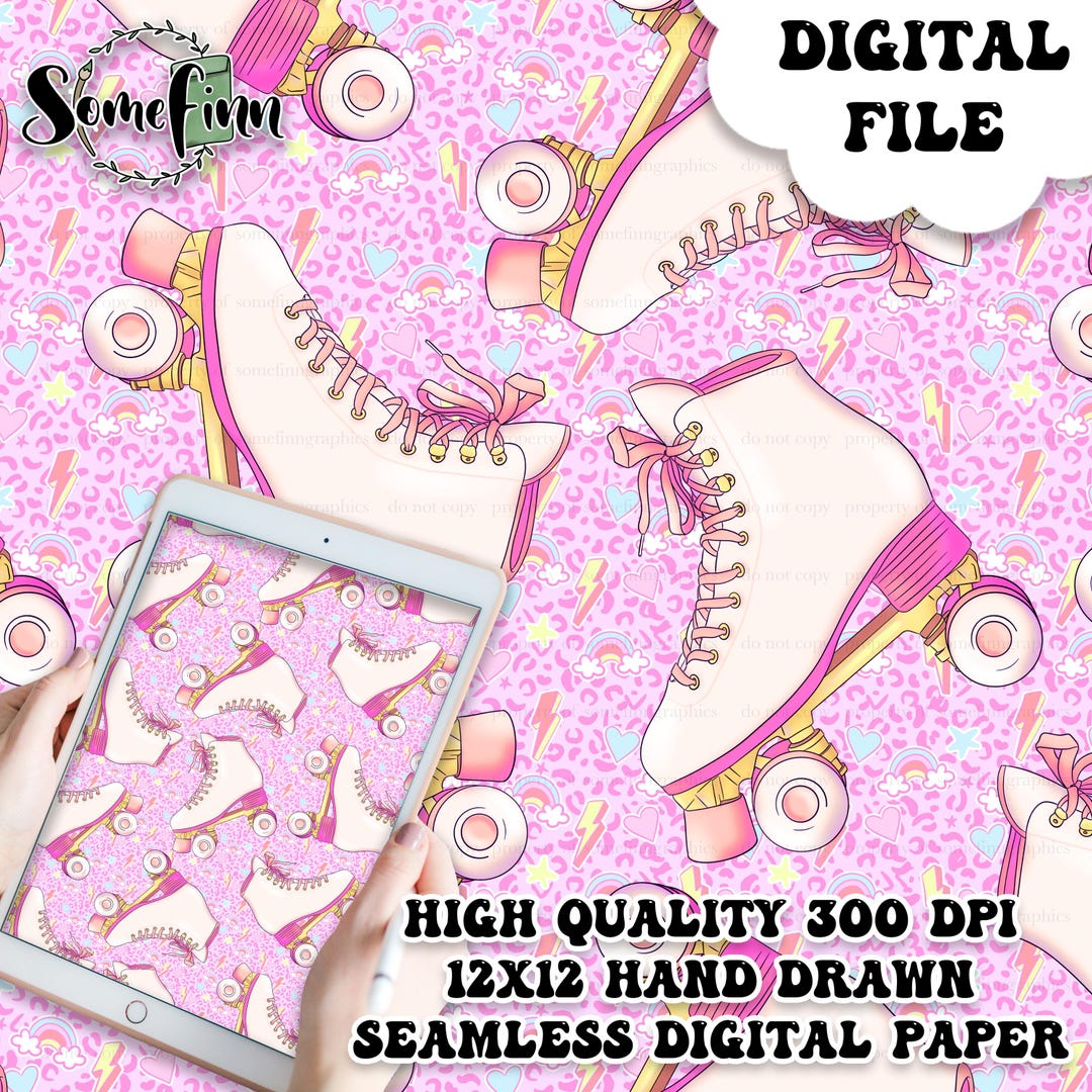 Y2K Roller Skates Seamless Digital Paper - Pink Cute Skating Pattern ...