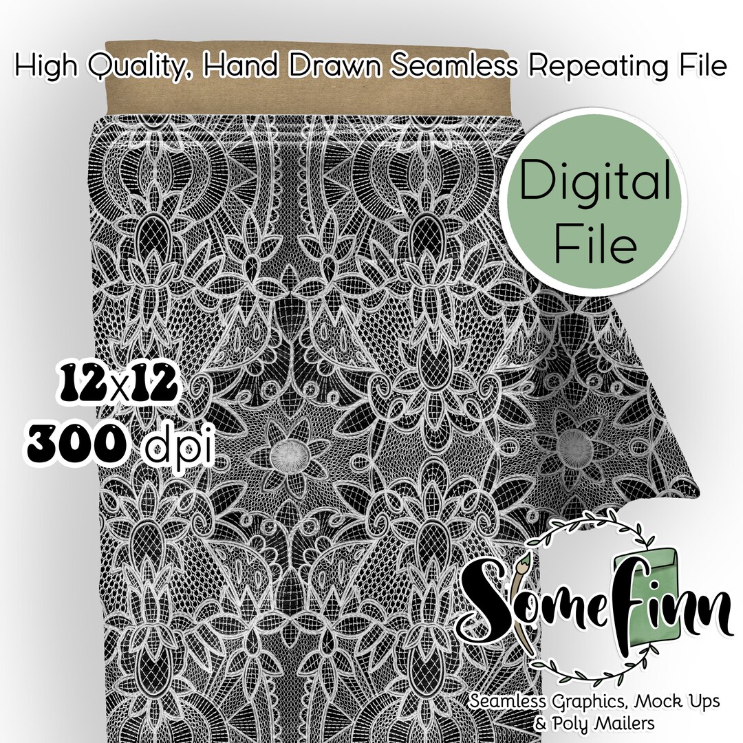 Realistic Black Lace Digital Paper, Seamless Lace Pattern, Black and ...