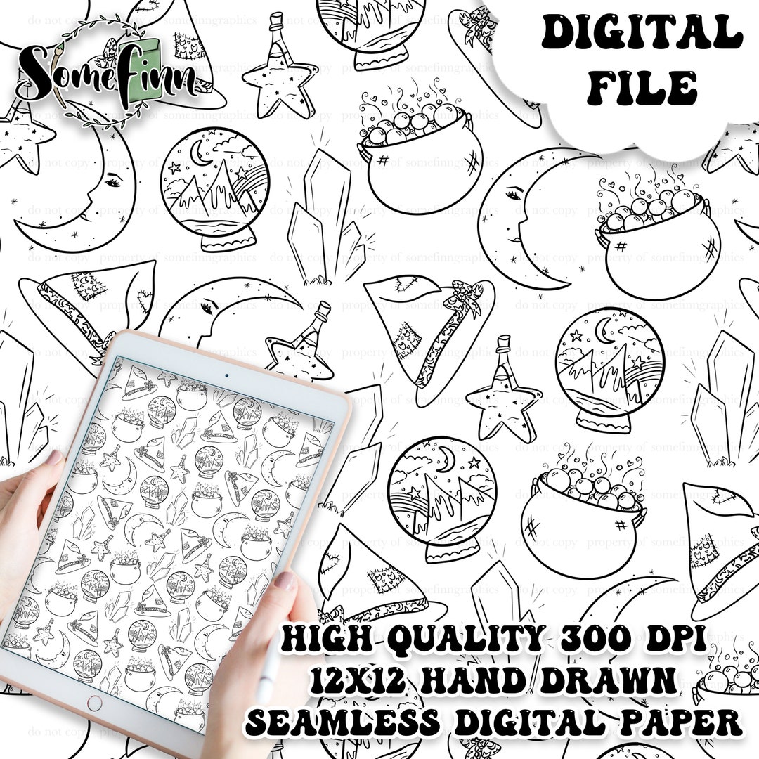 Witchy Mystical Digital Paper, Seamless Halloween Pattern, Witch Fabric ...