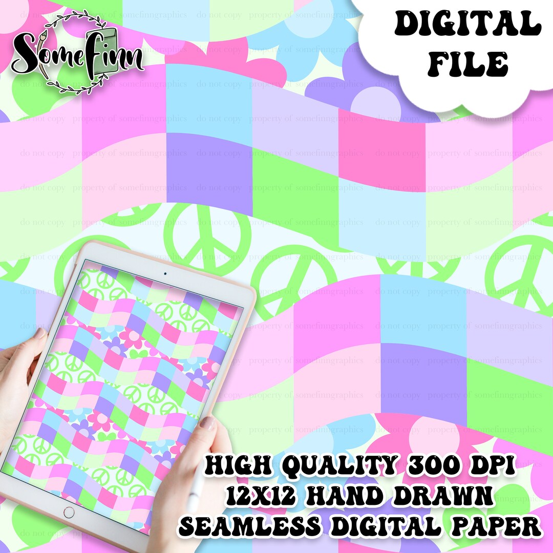 Trippy Green Purple Wavy Checkers Daisy Floral Digital Paper - Seamless ...