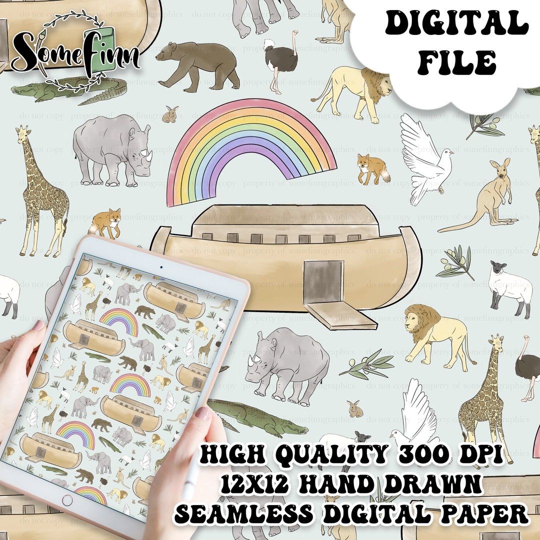 Noahs Ark Digital Paper - Seamless Noahs Ark Animals Pattern, Christian ...