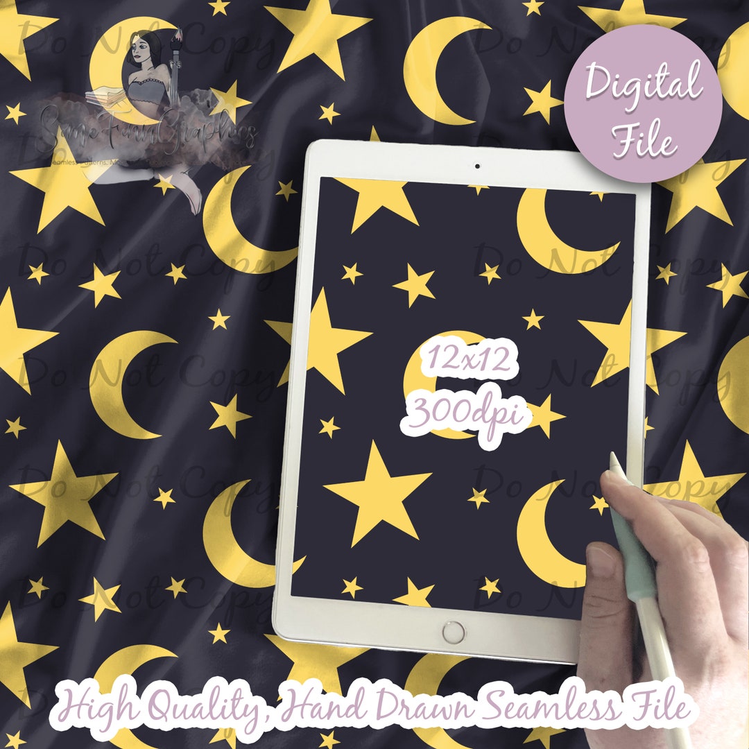 Moon and Stars Digital Paper, Seamless Night Sky Pattern, Fabric ...