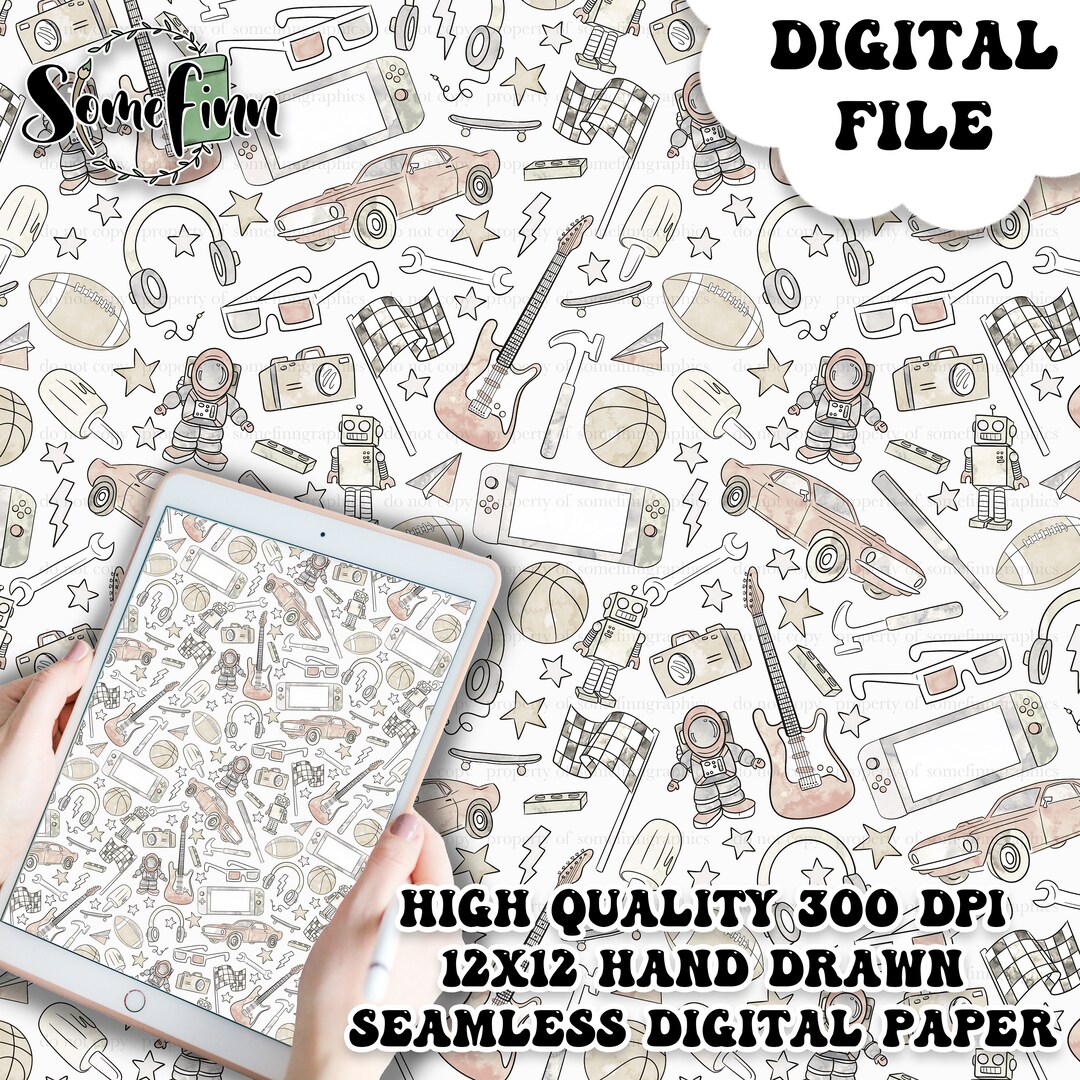 All Things BOY Digital Paper - Seamless Boy Collage Pattern, Robot ...