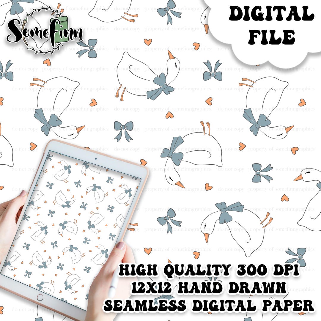 Vintage Goose With Blue Ribbon Digital Paper - Seamless Patterns, Geese ...