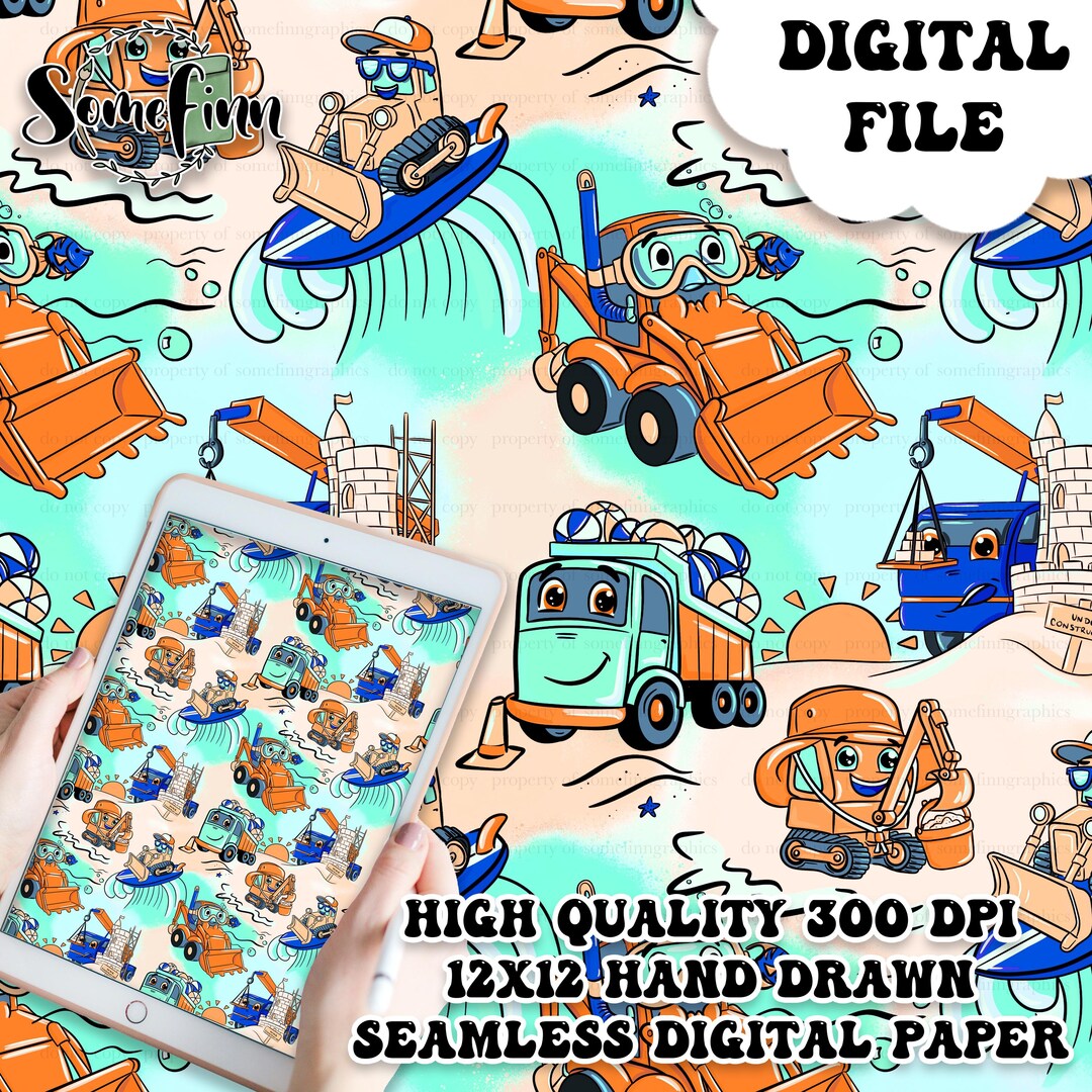 Beach Construction Trucks Digital Paper - Seamless Heavy Machinery ...