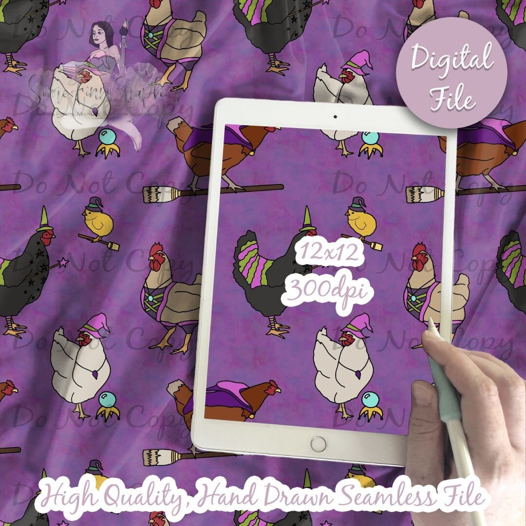 Chicken Witch Seamless Pattern, Chickens Farm Animal Halloween, Witchy ...