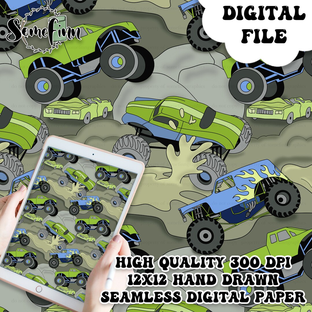 Monster Trucks Digital Paper - Seamless Pattern, Wheelie, Green Truck ...