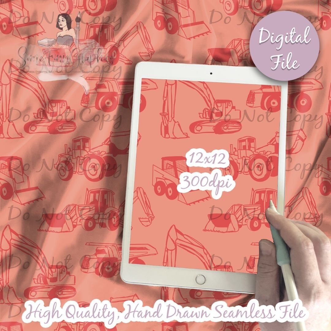 Construction Trucks Digital Paper - Seamless Tractor Pattern, Caution ...