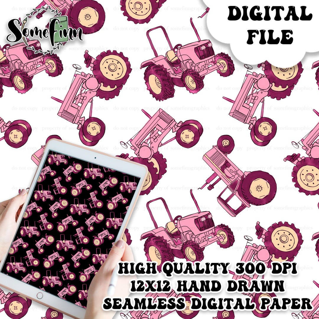 Pink Tractors Digital Paper on Transparent Background - Seamless ...