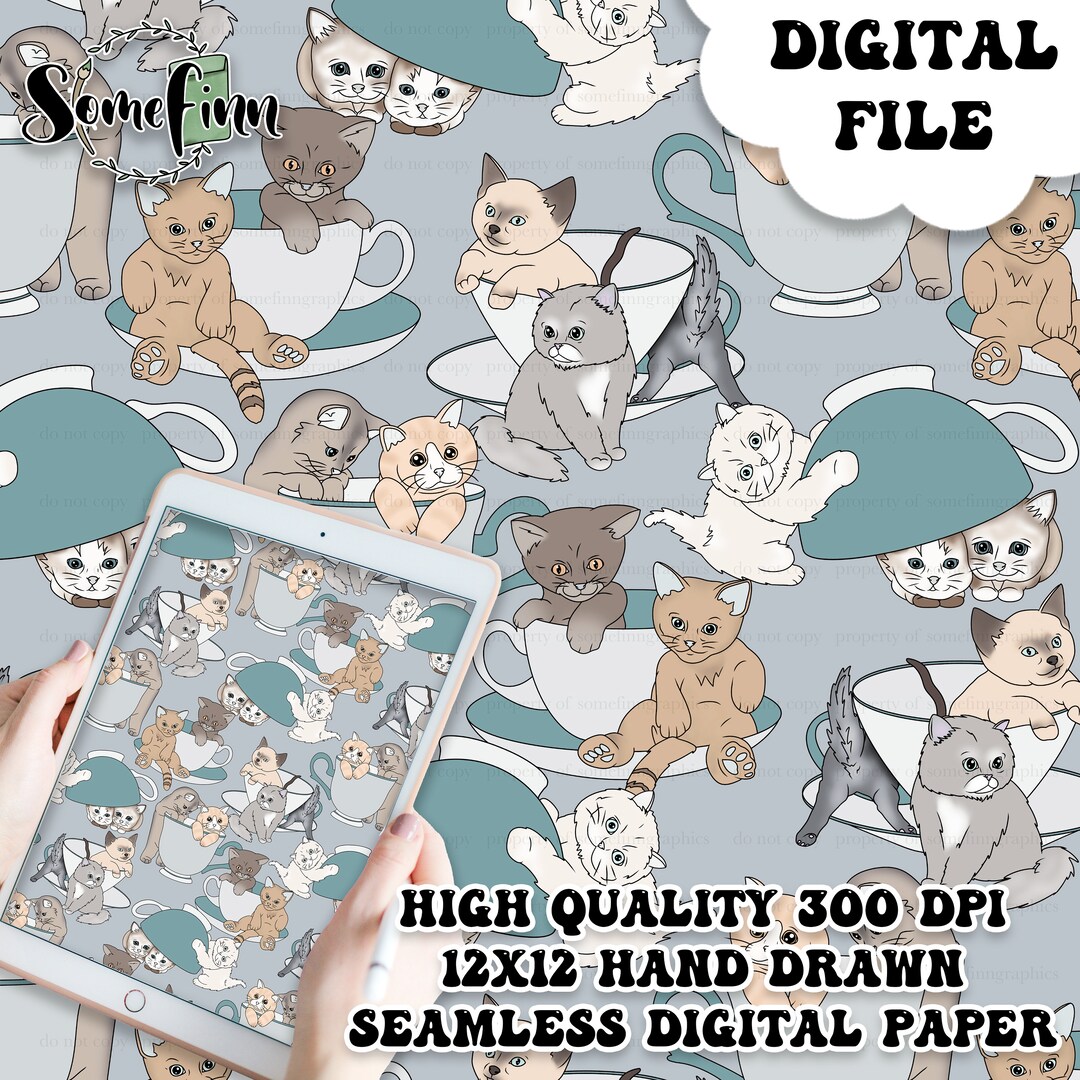Tea Cup Cats Digital Paper, Seamless Cat Pattern for Fabric and ...