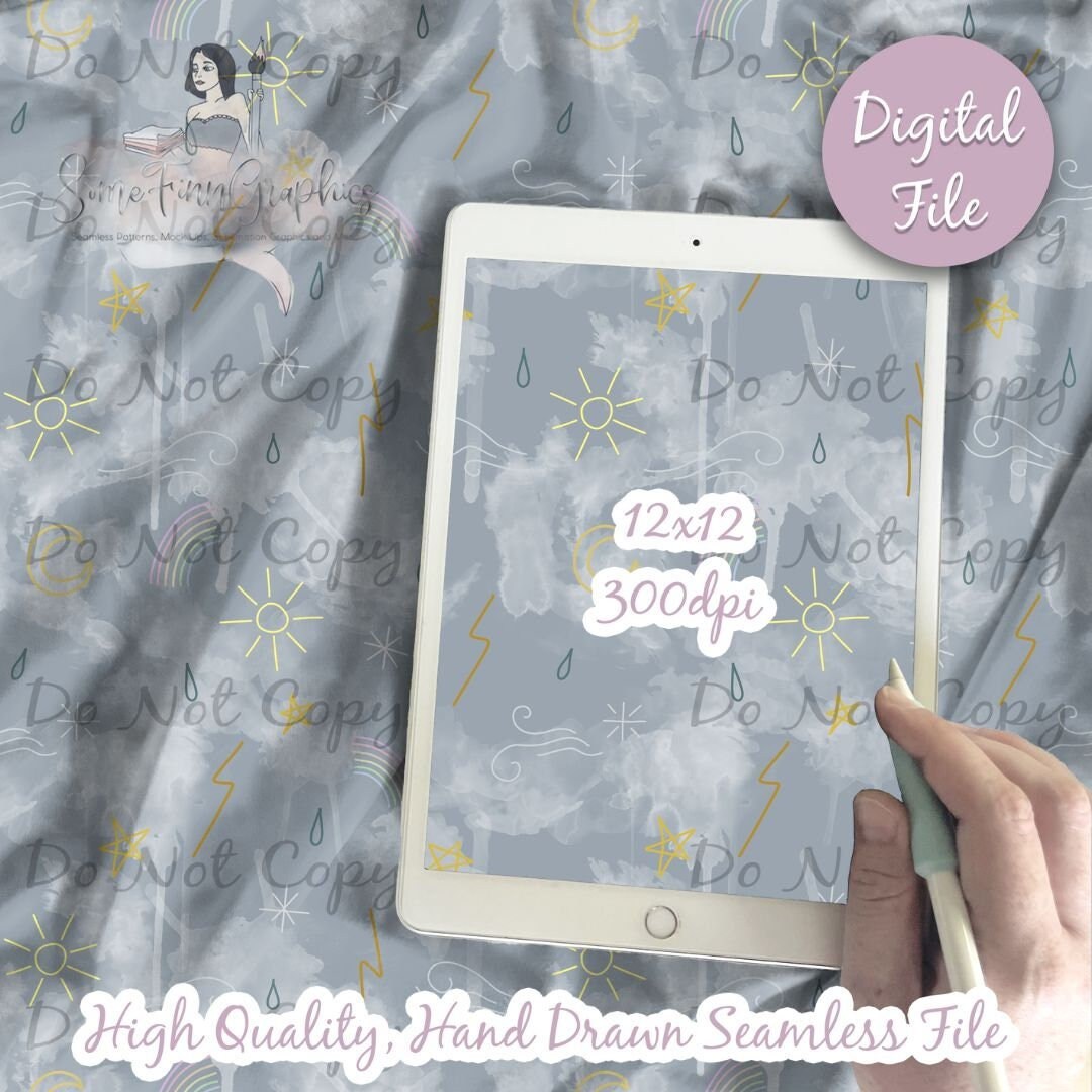 Weather Digital Paper - Watercolor Seamless Sun Moon Stars Rainbow ...