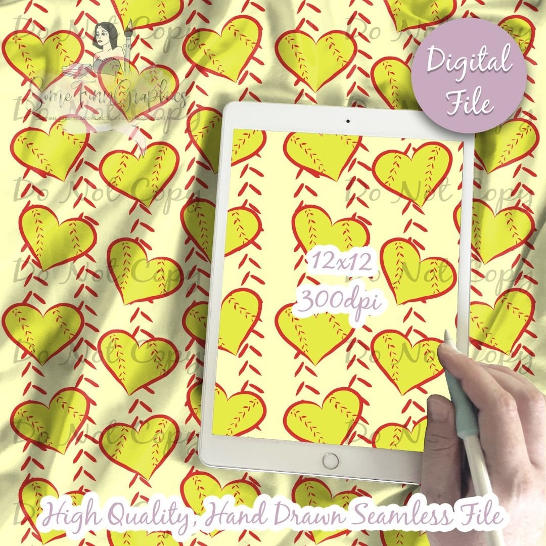 Softball Digital Paper, Seamless Sport Pattern, Softball Heart Fabric ...