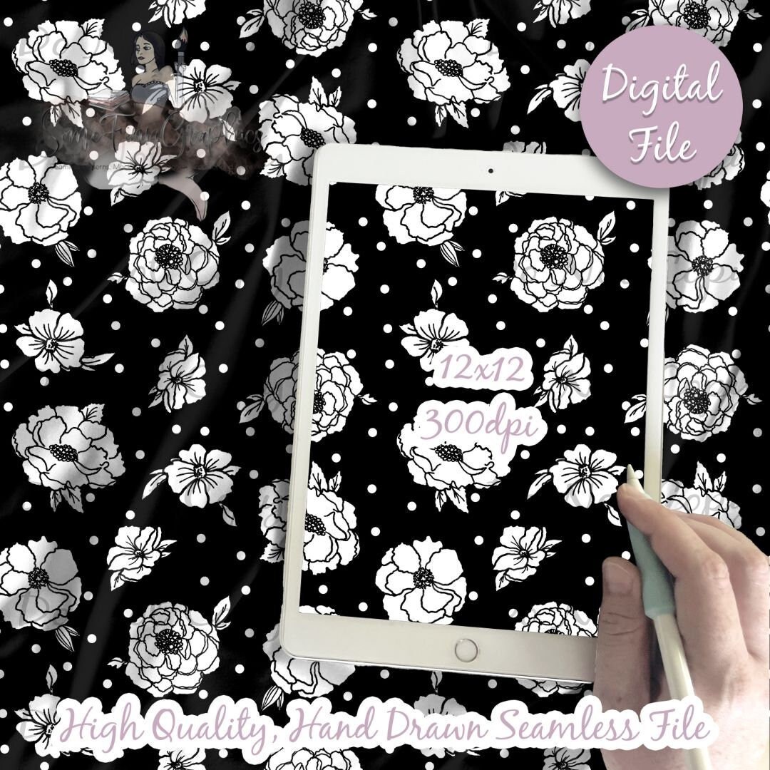 Black and White Floral Seamless Digital Paper Pattern, Fabric Design ...