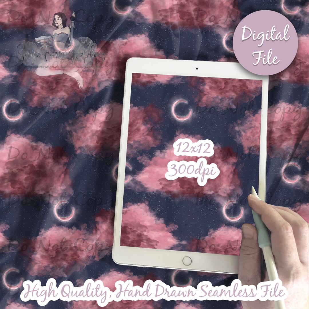 Pink Moon, Clouds and Stars Digital Paper, Seamless Night Sky Pattern ...