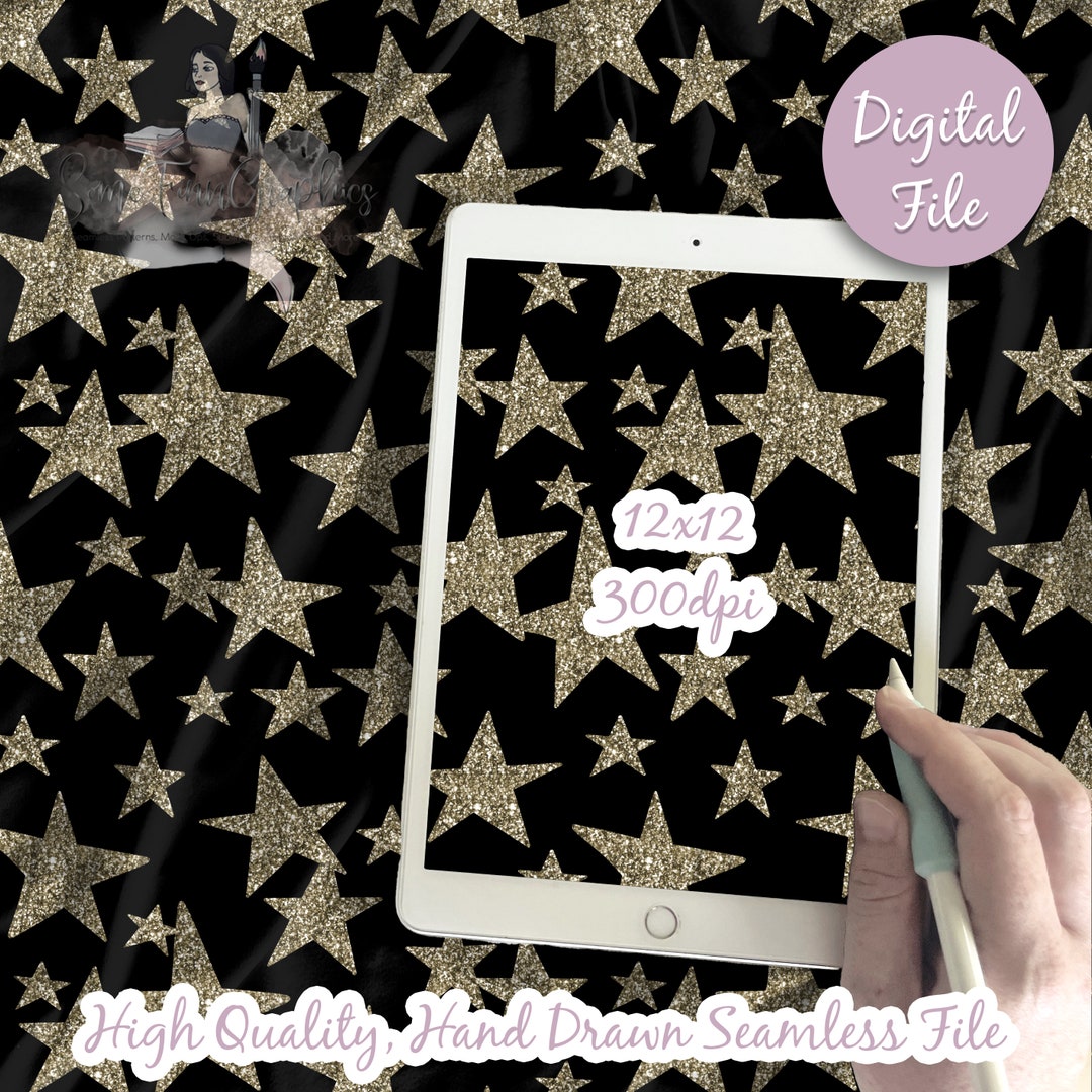 Stars Digital Paper, Seamless Black Gold Star Pattern, Glitter Fabric ...