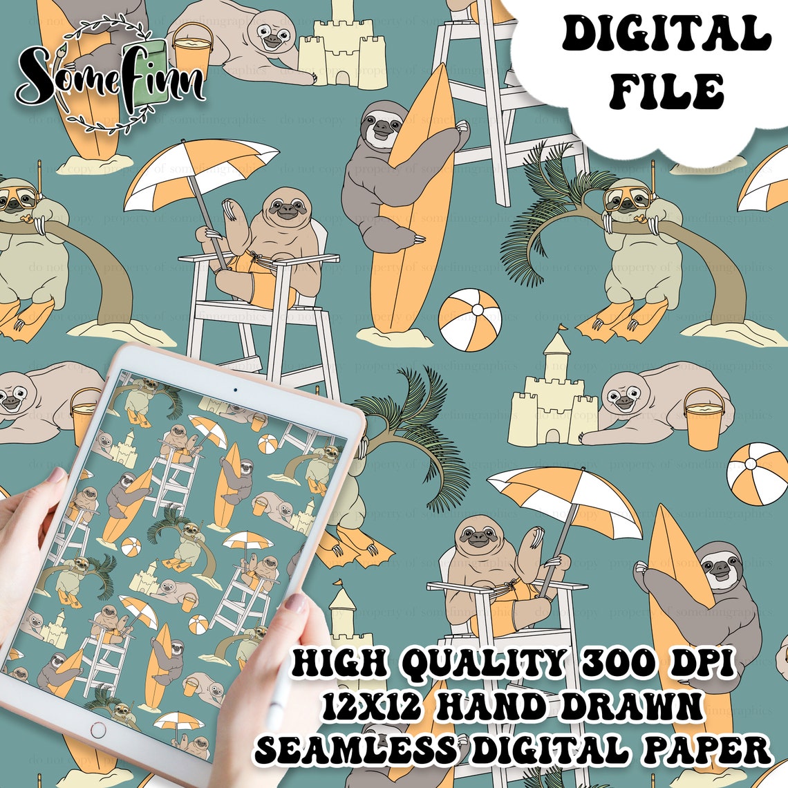 Summer Sloths Digital Seamless Paper - Cute Sloth Pattern, Beach ...