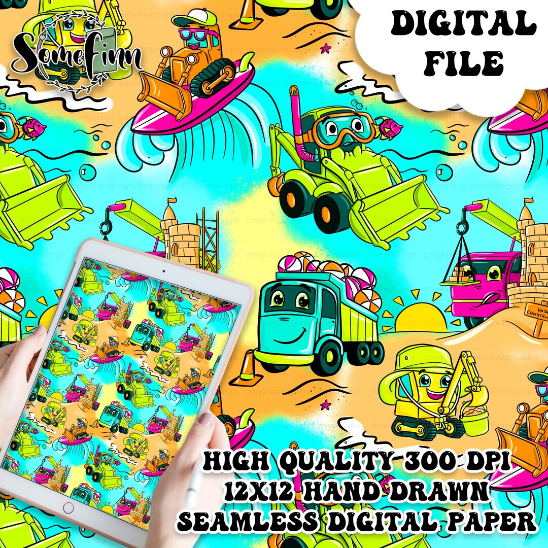 Beach Construction Trucks Digital Paper - Seamless Heavy Machinery ...