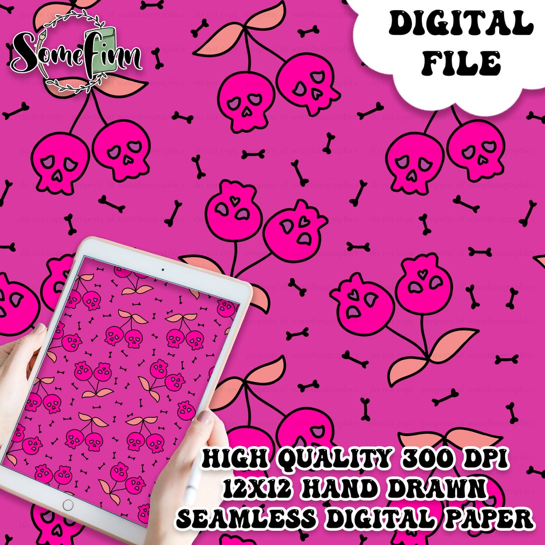 Cherry Skulls Digital Paper - Seamless Skull Cherries Pattern ...
