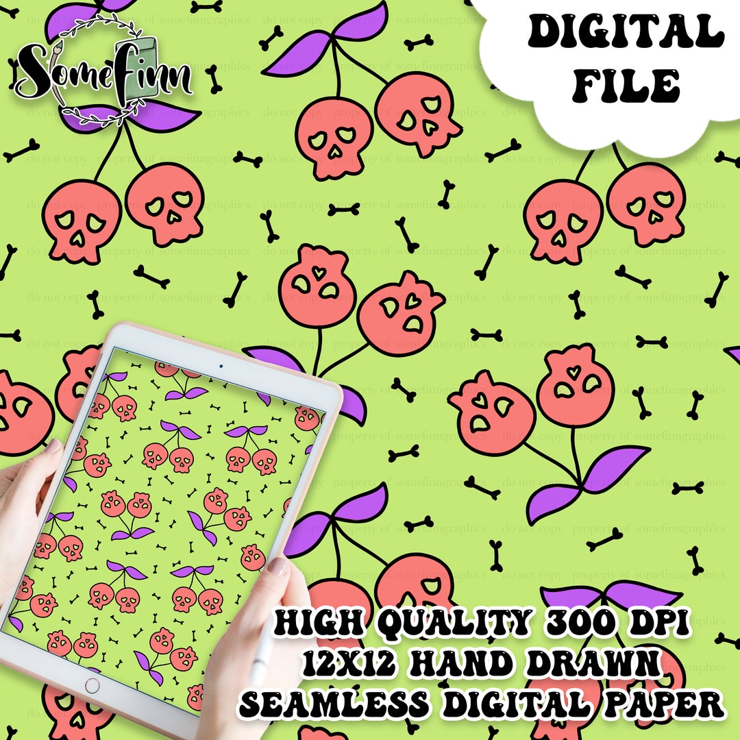 Cherry Skulls Digital Paper - Seamless Skull Cherries Pattern ...