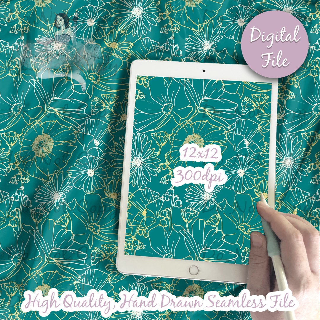 Teal and Gold Floral Digital Paper - Seamless Green Flower Pattern ...
