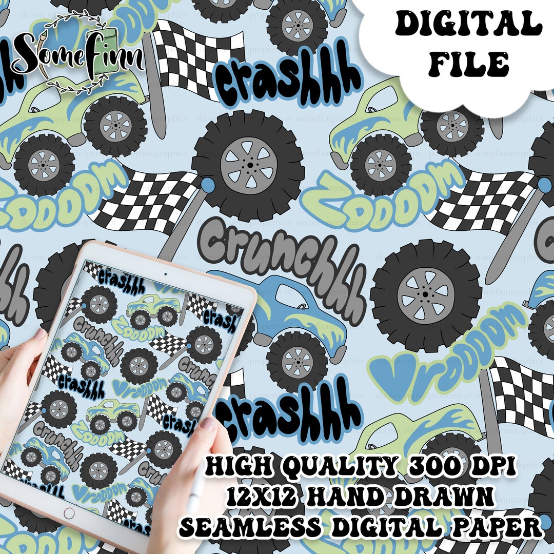 Monster Trucks Digital Paper - Seamless Pattern, Wheelie, Blue Truck ...