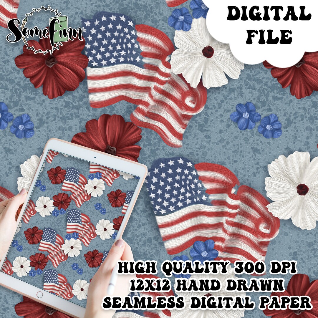 Patriotic 4th of July Digital Paper, Seamless USA Flag and Floral ...