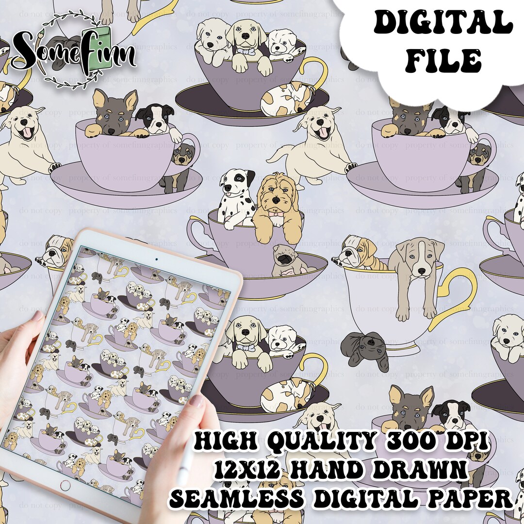 Pups in a Cup Digital Paper, Seamless Tea Party Dog Pattern for Fabric ...