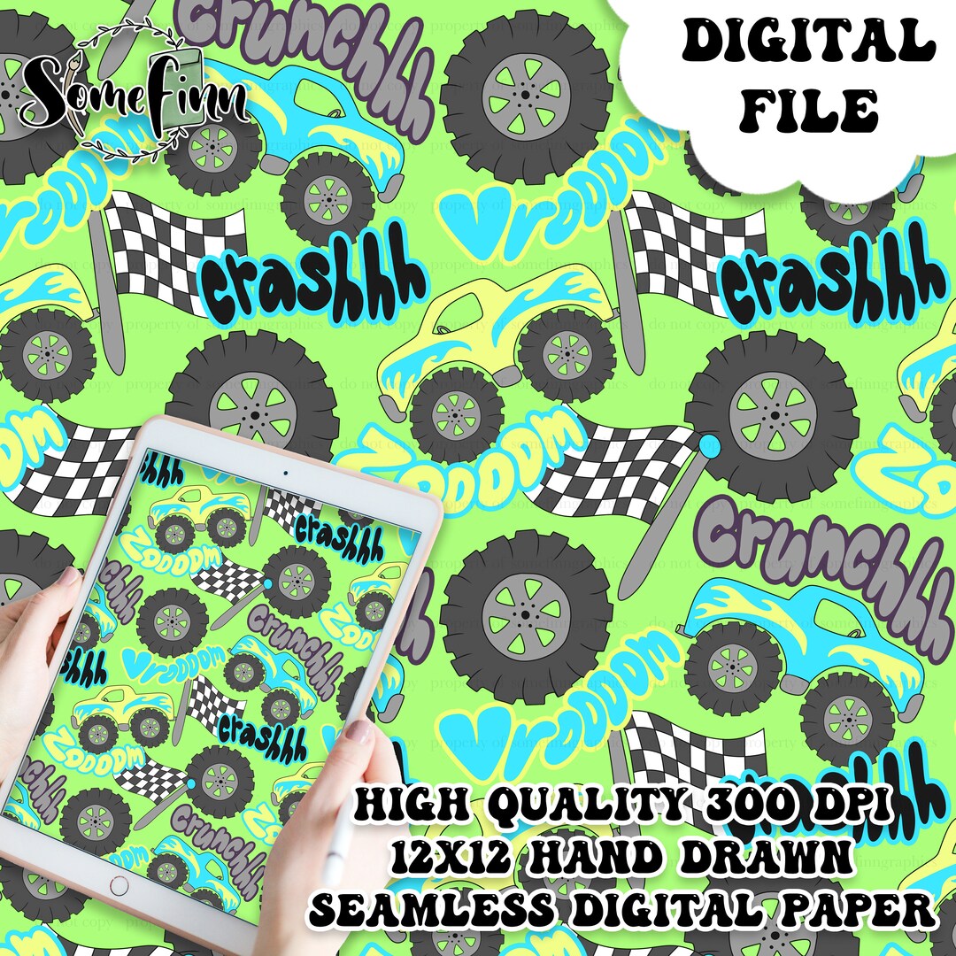 Monster Trucks Digital Paper - Seamless Pattern, Wheelie, Green Truck ...
