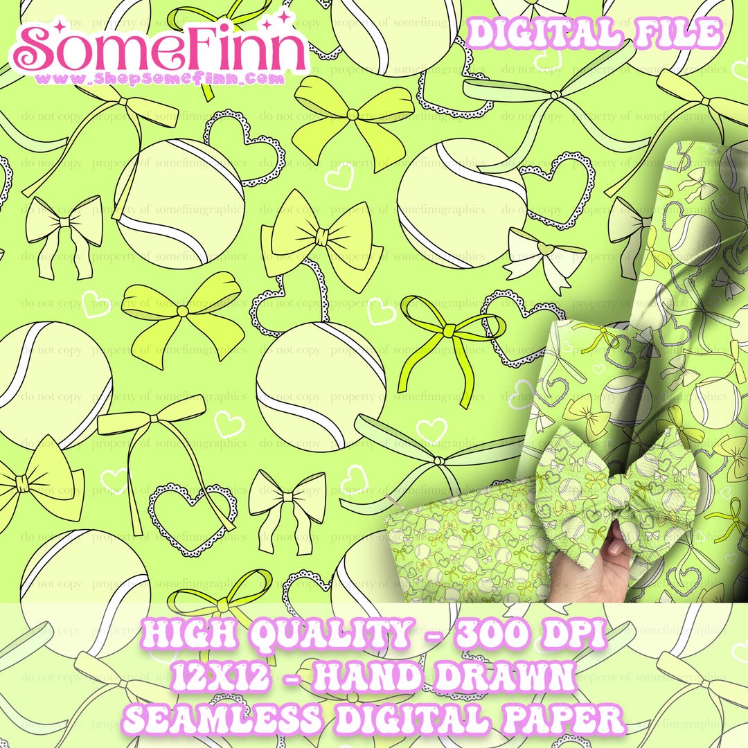 Tennis Balls and Bows Digital Paper, Seamless Pattern, Tennis Ball ...
