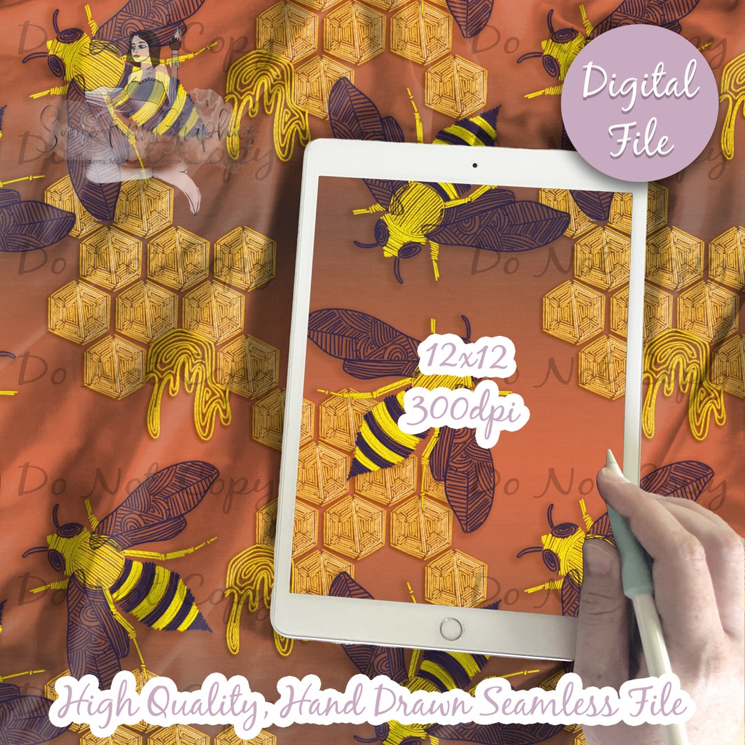 Embroidery Bees Digital Paper, Seamless Bugs Bumble Bee Pattern, Fabric ...