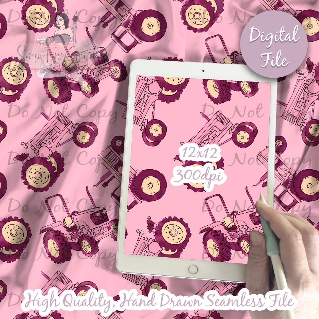 Pink Tractors Digital Paper - Seamless Tractor Pattern, Caution Cut ...