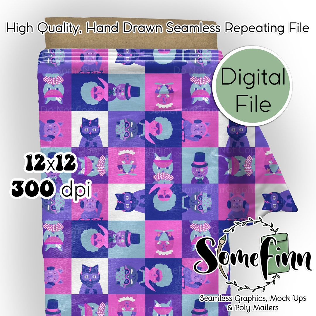 Cats Seamless Design, Checkered Purple Funny Themed Cats Seamless ...