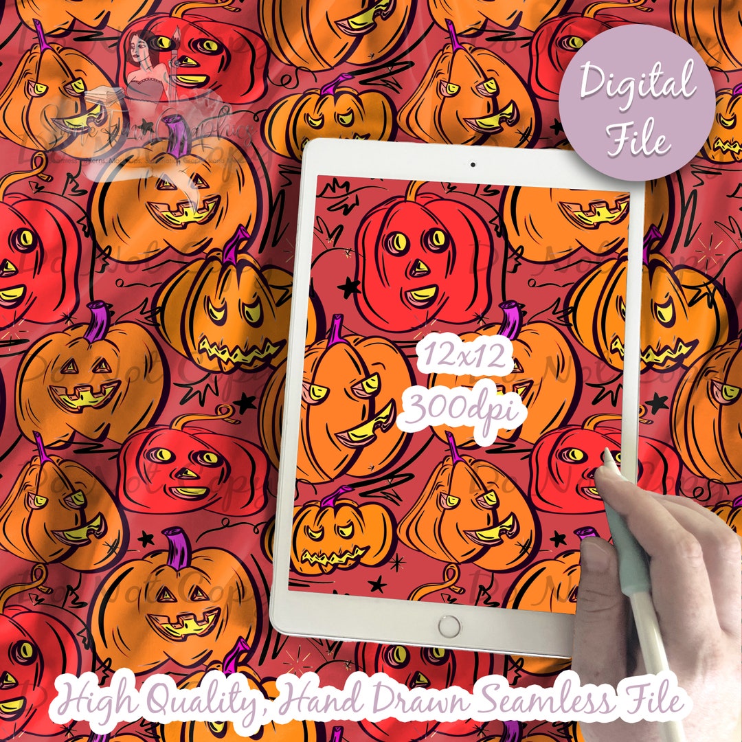 Pumpkin Sketchy Digital Paper, Seamless Jack O' Lantern Pattern ...