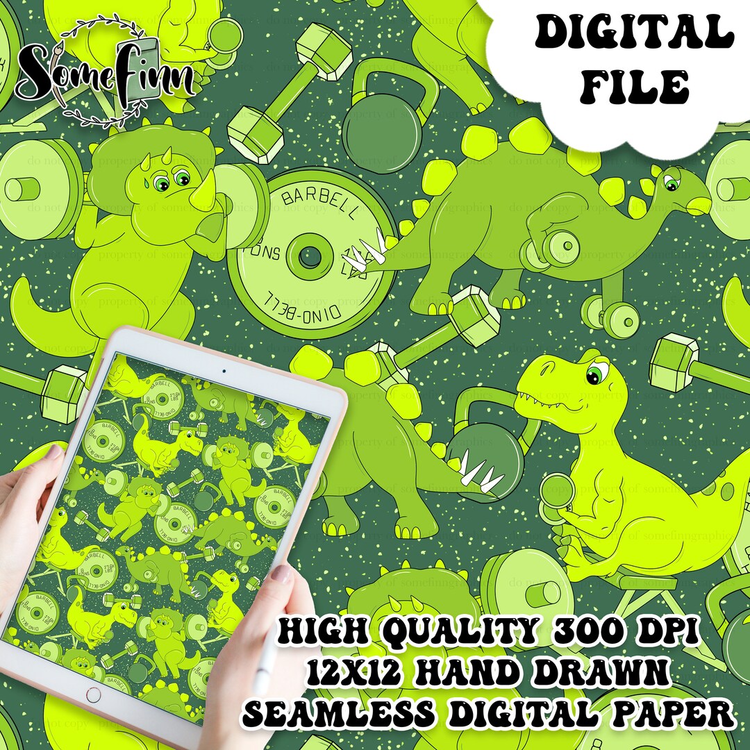 Dinosaur Workout Digital Paper - Seamless Dinosore Pattern ...