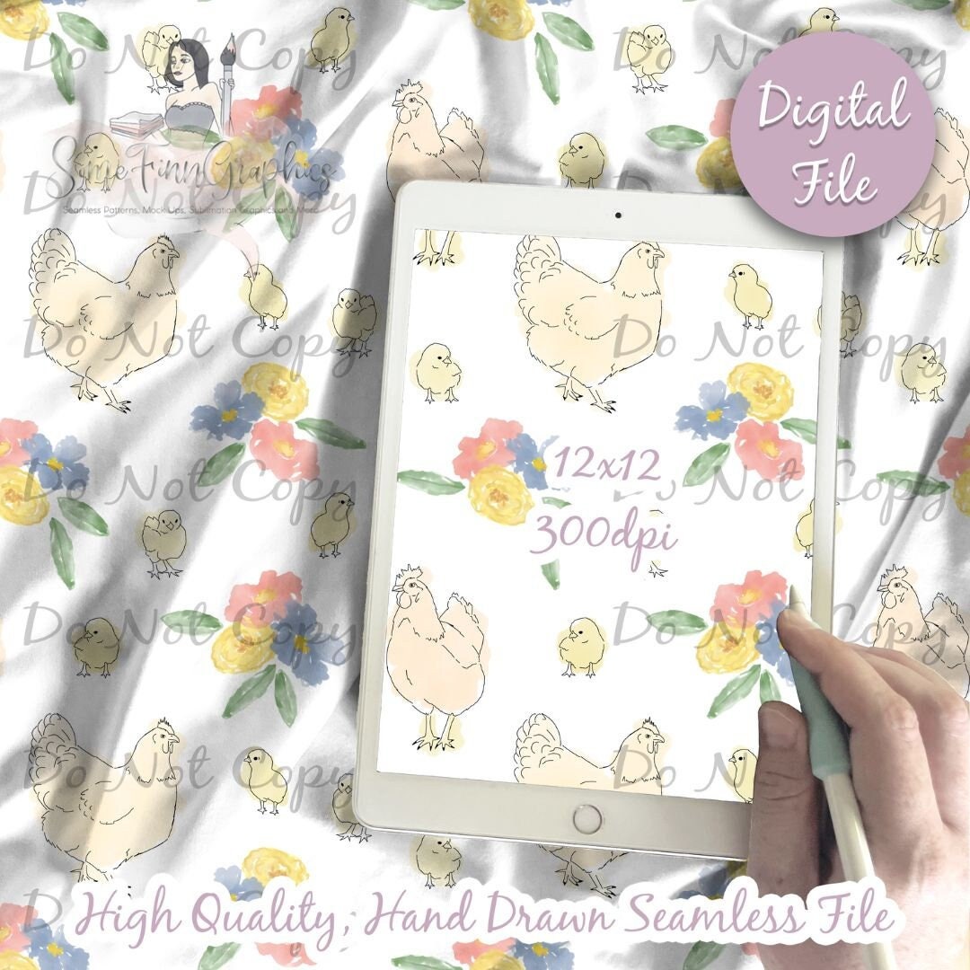 Chicken Watercolor Seamless Pattern, Floral Chickens Farm Animal Eggs ...