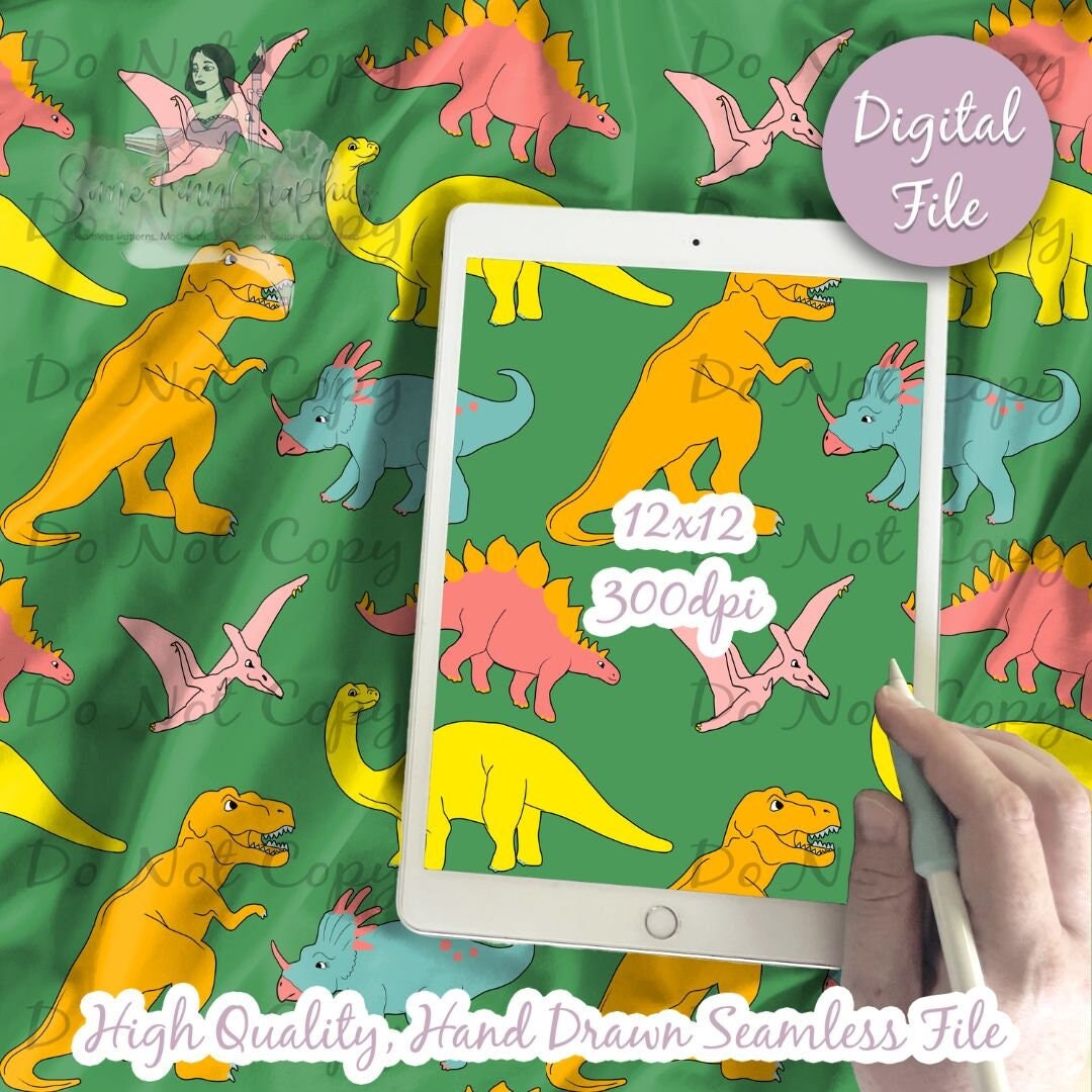 Dinosaur Colorful Digital Paper - Seamless Cute Dino Pattern, Green ...