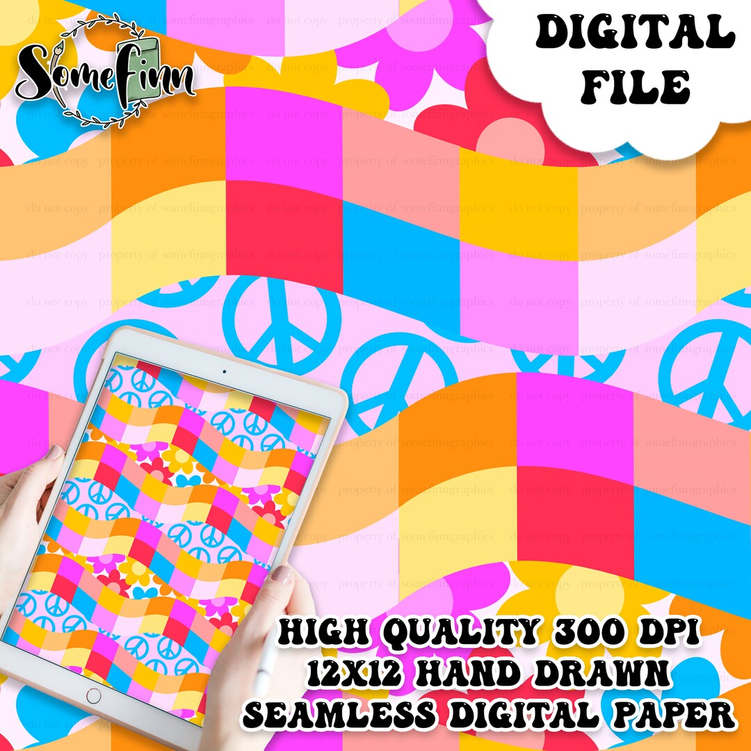 Trippy Rainbow Wavy Checkers Daisy Floral Digital Paper - Seamless ...
