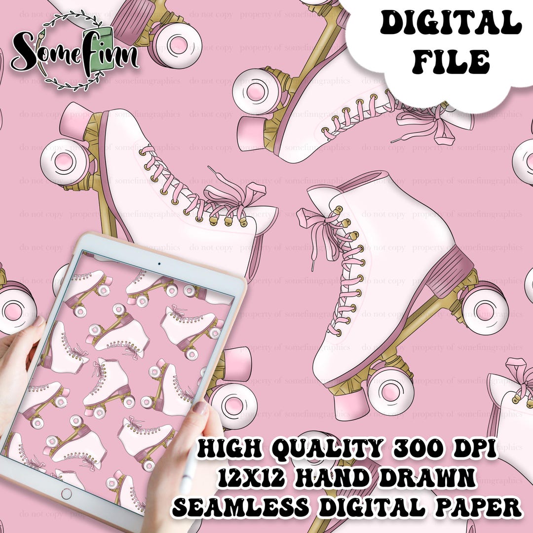 Roller Skates Seamless Digital Paper - Pink Cute Skating Pattern, Hand ...
