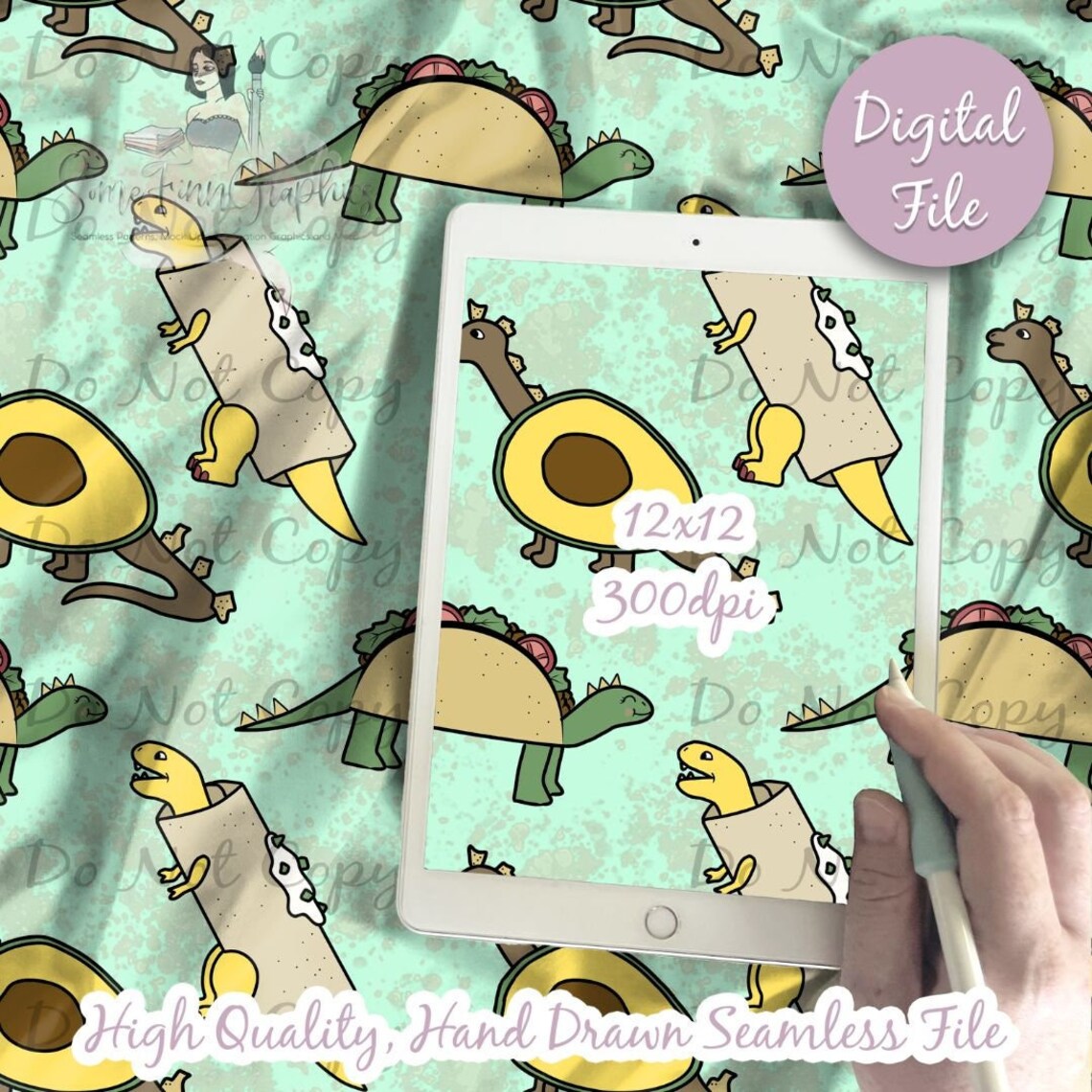 Taco-saurus Rex Seamless, Avocado-saurus Pattern, Burrito-saurus Rex ...
