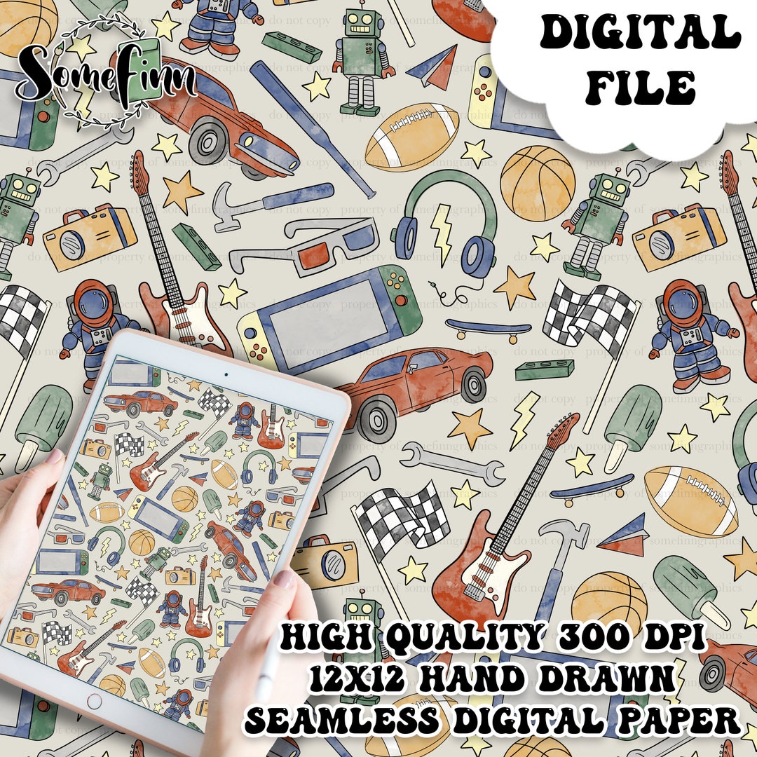All Things BOY Digital Paper Seamless Boy Collage Pattern, Robot ...