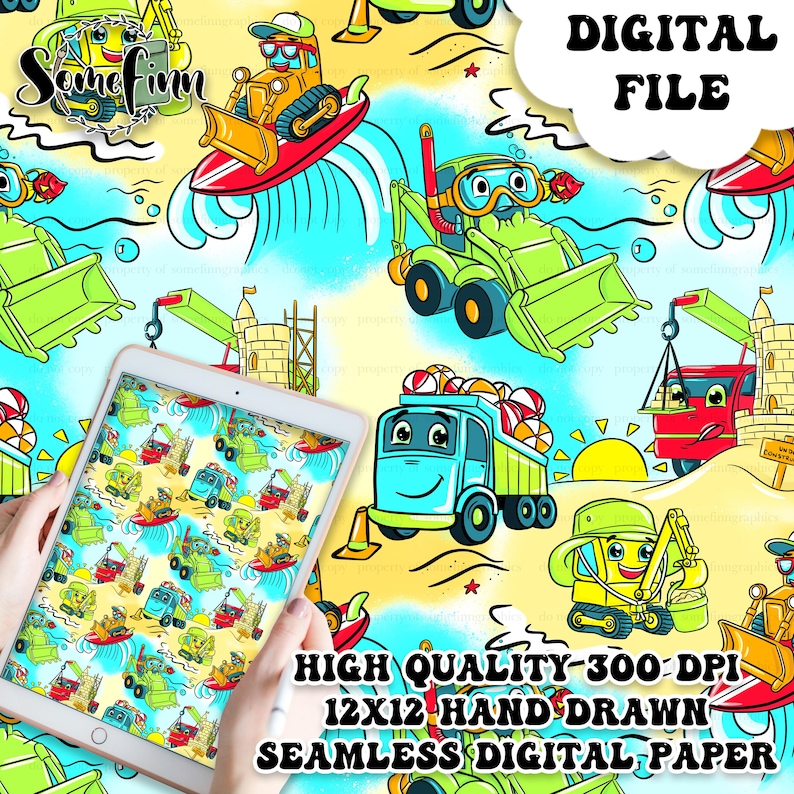 Beach Construction Trucks Digital Paper - Seamless Heavy Machinery ...