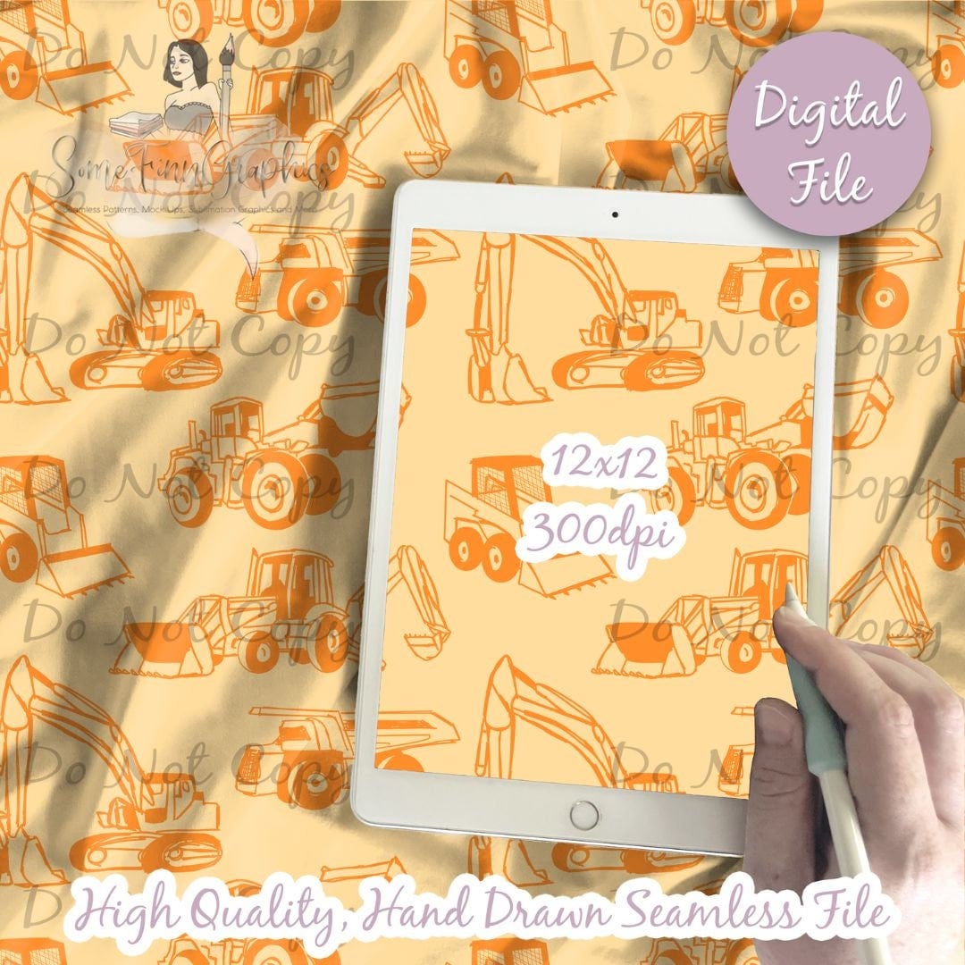 Construction Trucks Digital Paper - Seamless Tractor Pattern, Caution ...