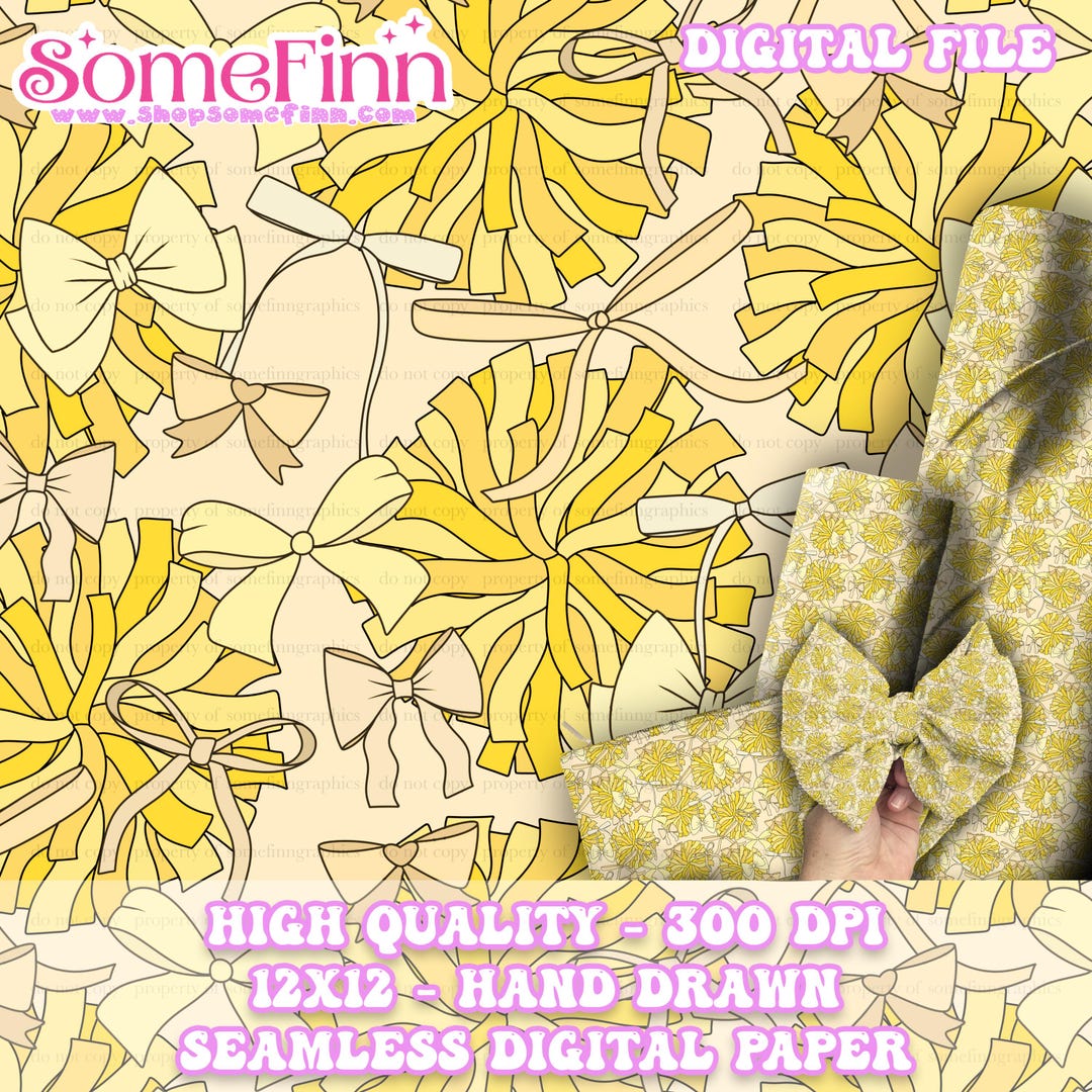 Cheer Pom Poms and Bows Digital Paper, Seamless Pattern, Cheerleader ...
