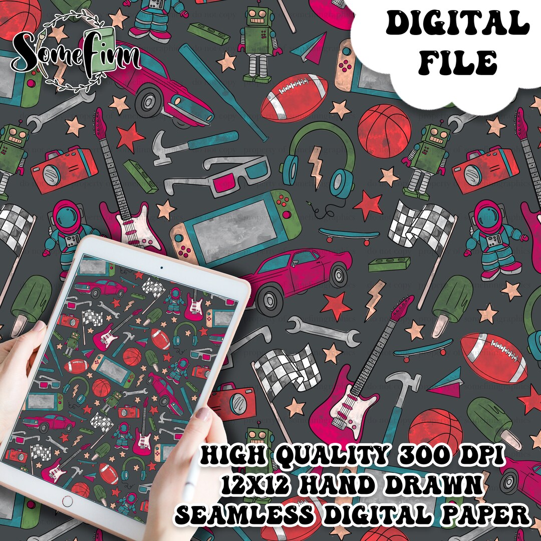 All Things BOY Digital Paper - Seamless Boy Collage Pattern, Robot ...