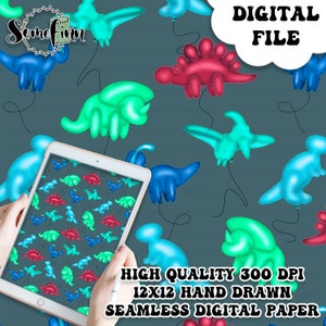 Dinosaur Balloons Colorful Digital Paper Bold Seamless Cute Dino ...
