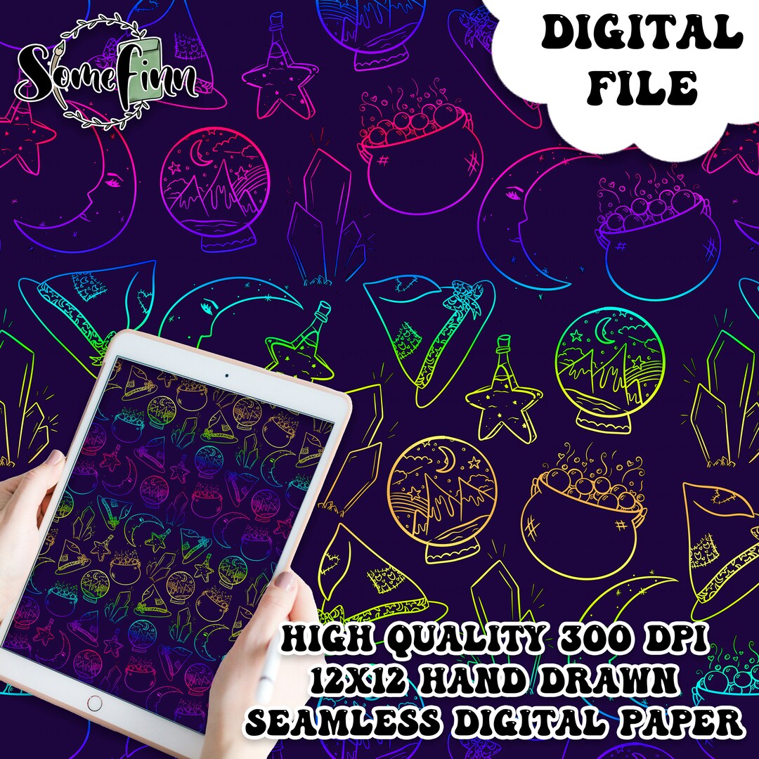 Witchy Mystical Digital Paper, Pastel Seamless Halloween Pattern, Witch ...