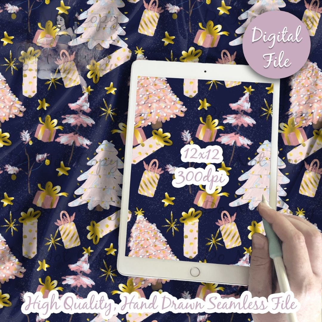 Navy Pink Christmas Digital Paper - Seamless Presents Winter Tree ...