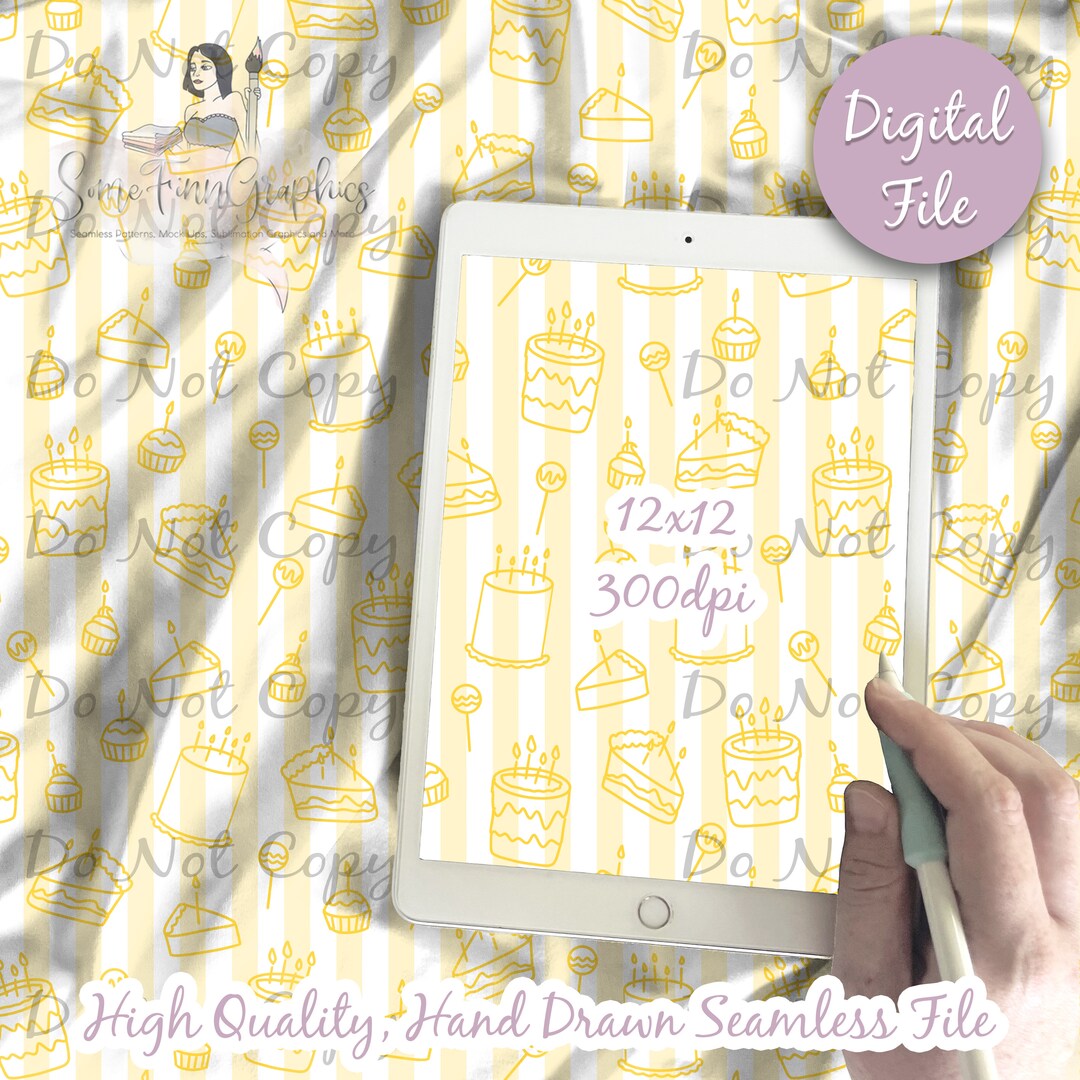 Yellow Birthday Digital Paper - Seamless Sketchy Doodle Cakes Cupcakes ...