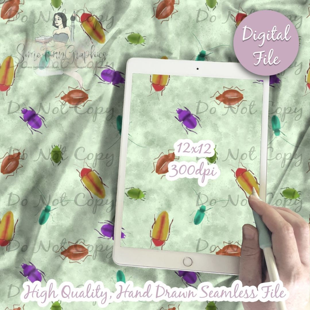 Watercolor Beetles Digital Paper - Seamless Summer Pattern, Custom Bug ...