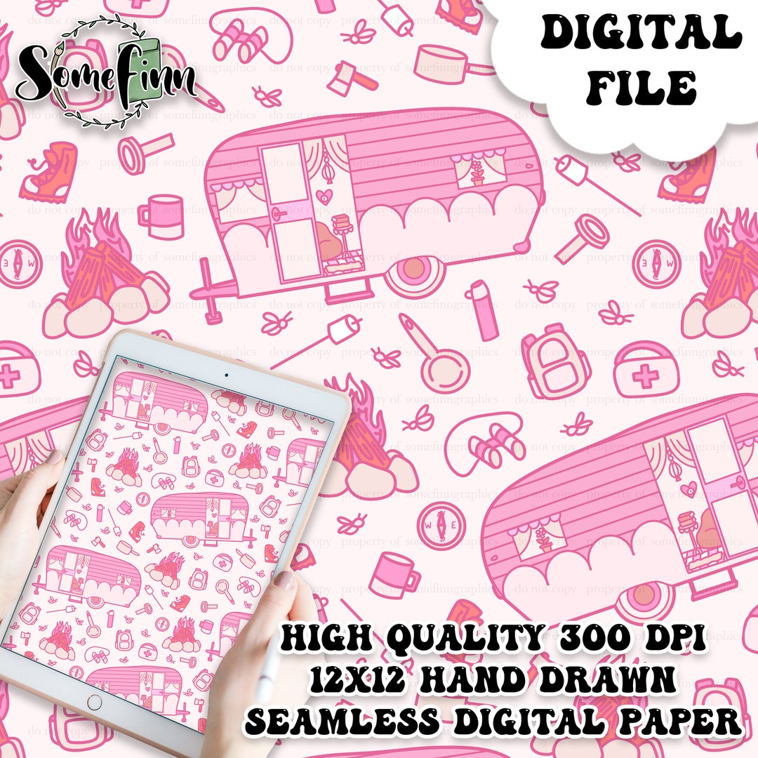 Camper Digital Paper - Seamless Summer Fun Pattern, Camping Fabric ...